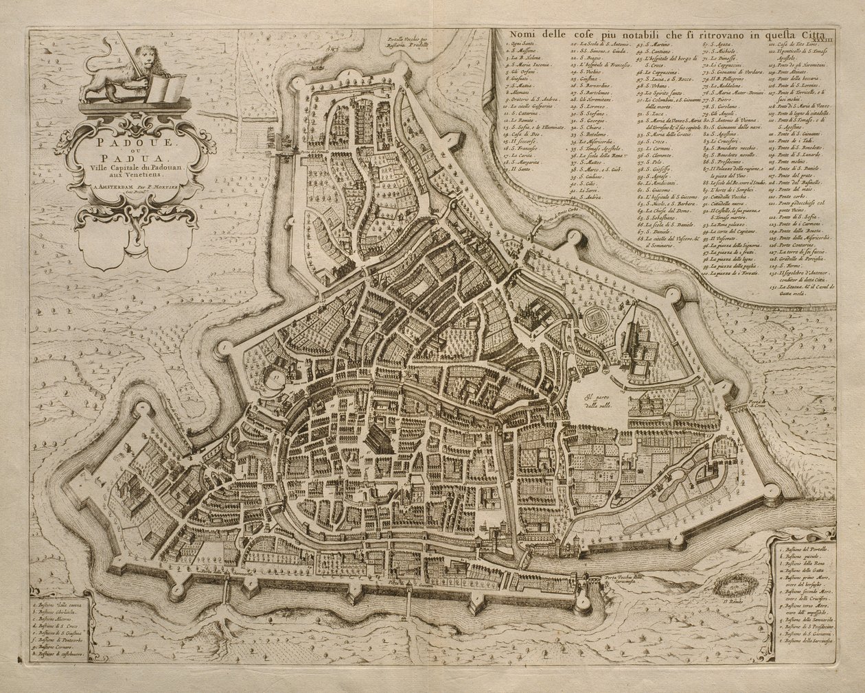 Mapa Padovy, z 'Les Villes de Venetie', 1704, publikoval Pierre Mortier v Amsterdamu